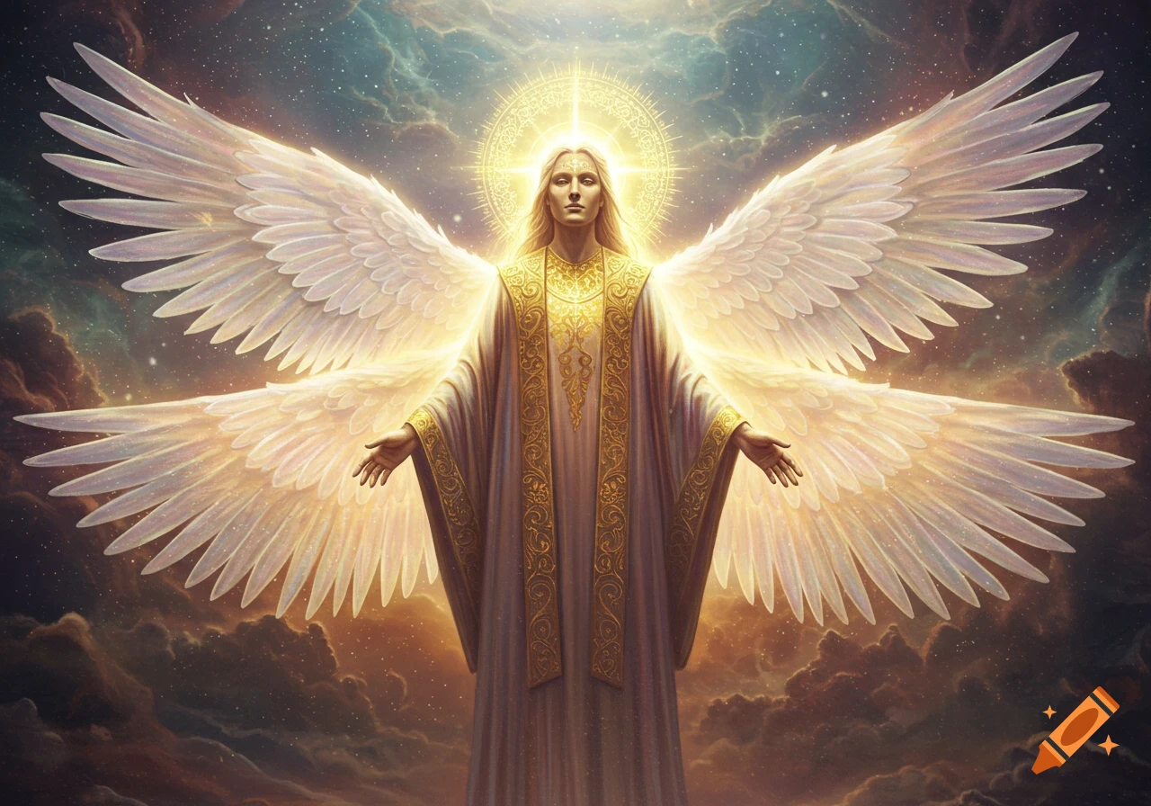 A majestic angel with large luminous white wings and a golden halo ...