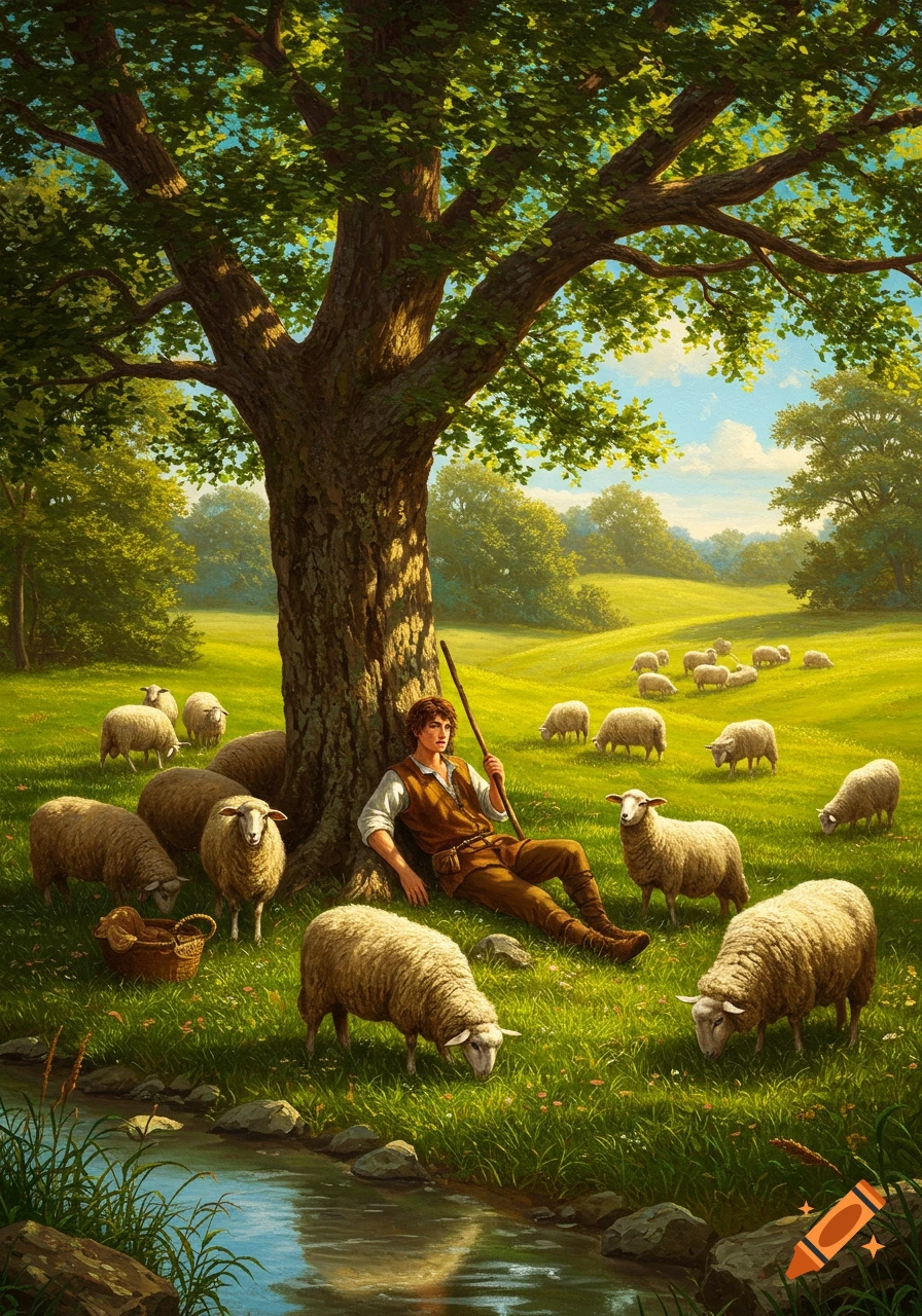 A boy sits playing a golden harp in a green, flower-filled pasture with ...