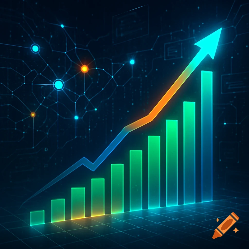A glowing digital bar chart with an orange and blue upward trend line ...