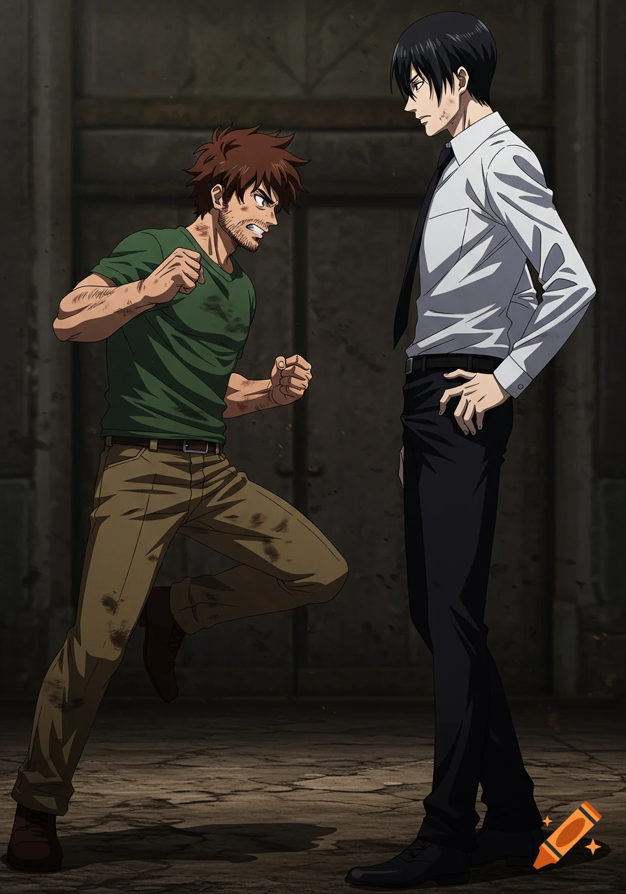 Eight anime-style prisoners, one young woman barefoot, seven buff men ...