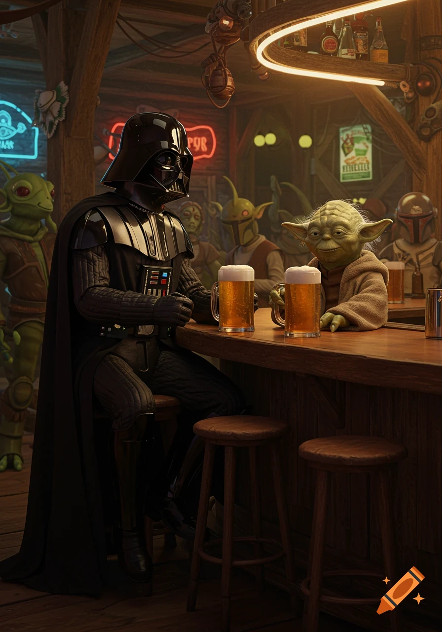 Darth Vader and Yoda sit at a bar with beer mugs, surrounded by other ...