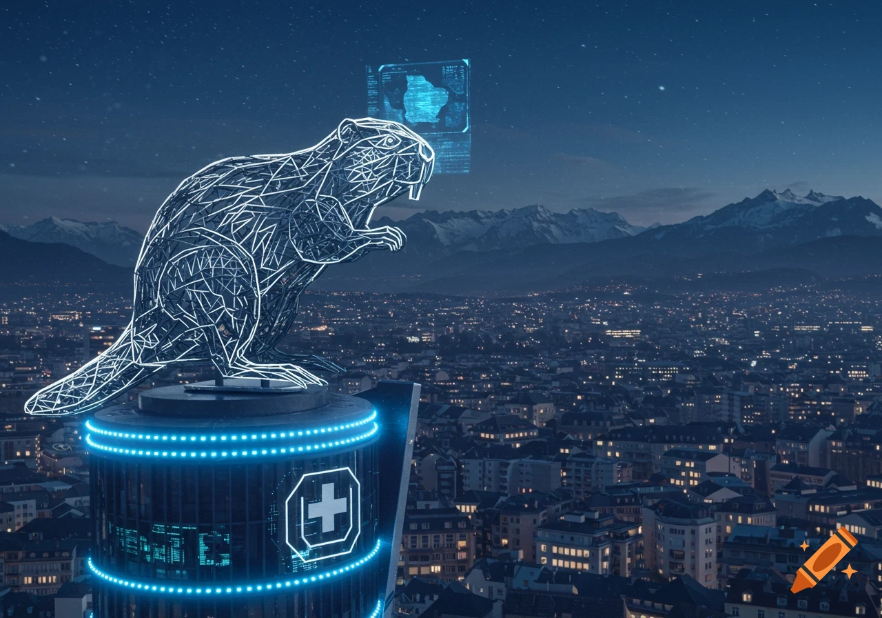 A glowing wireframe beaver statue sits atop a futuristic building with ...