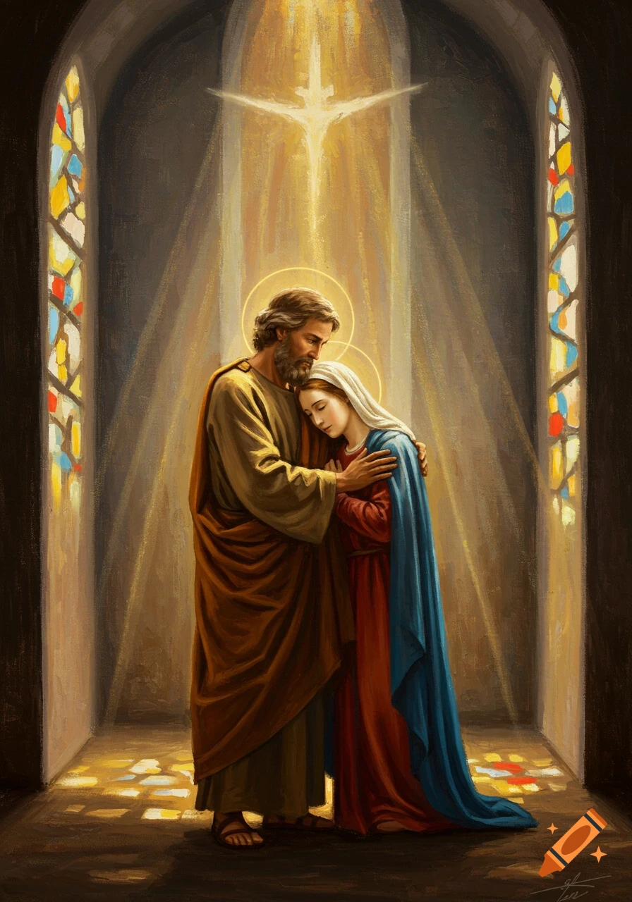 Painting of Saint Joseph tenderly embracing Mary under divine light in ...