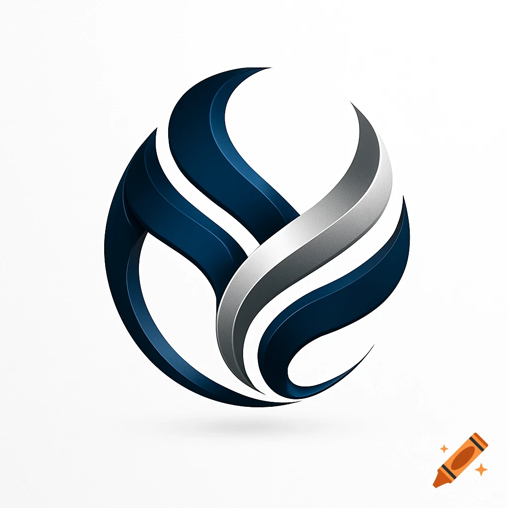 Abstract logo with intertwining dark blue and silver metallic ribbon ...