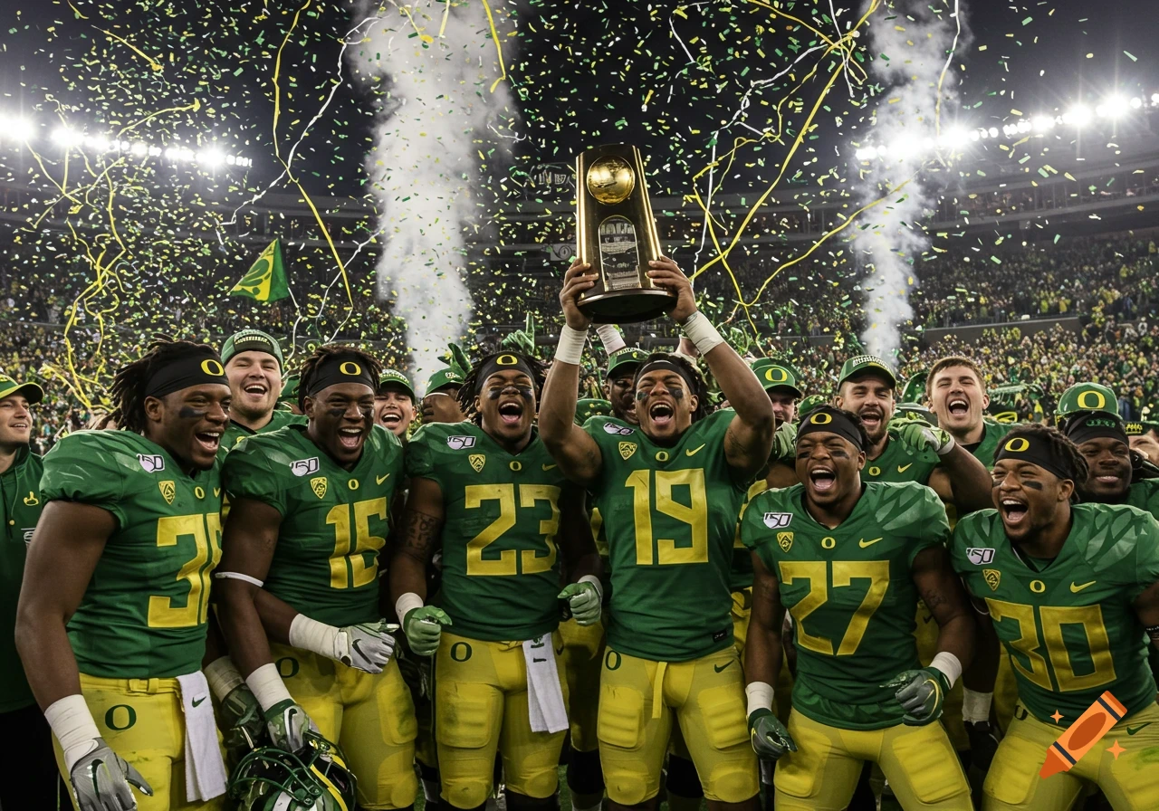 American football players in green and yellow uniforms celebrate ...