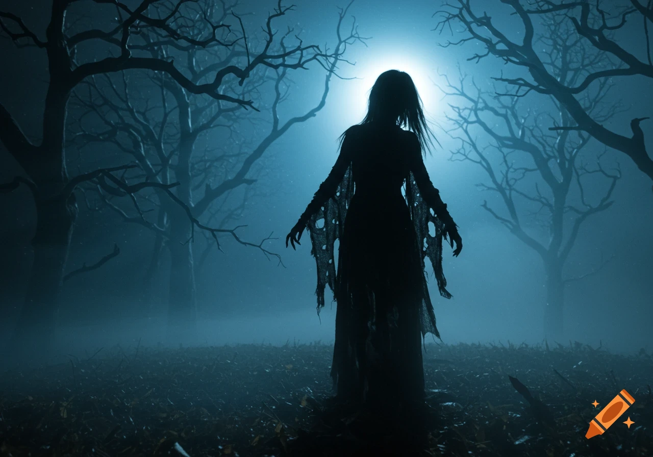 Silhouetted banshee with tattered garments and disheveled hair in a ...