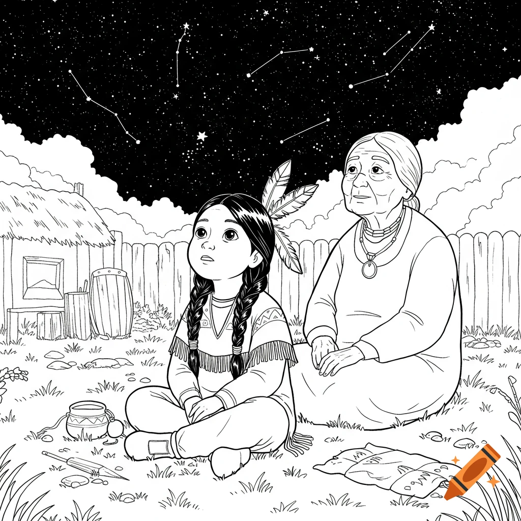 A black and white coloring book illustration shows a young Native ...