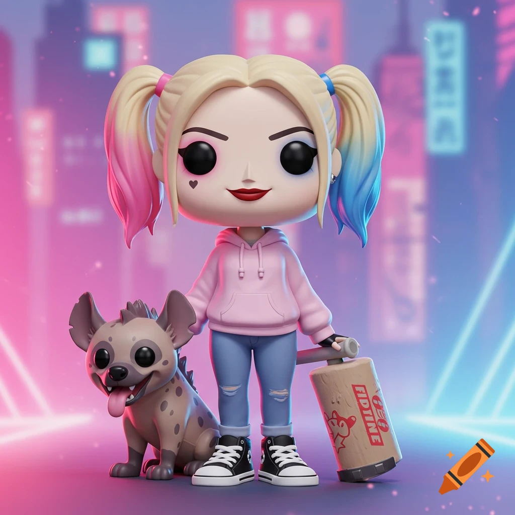 A Funko POP-style Harley Quinn in a pink hoodie, jeans, and Converse ...
