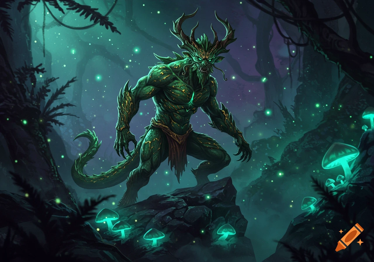A green, horned forest creature with glowing eyes and plant-like skin ...
