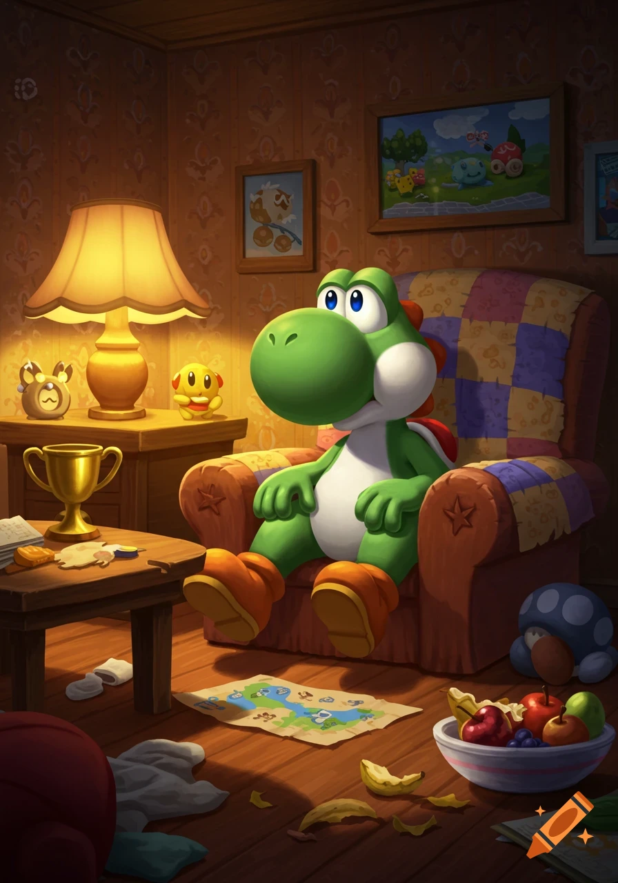 Yoshi sits in a comfy armchair in a cozy, cluttered room with a map on ...