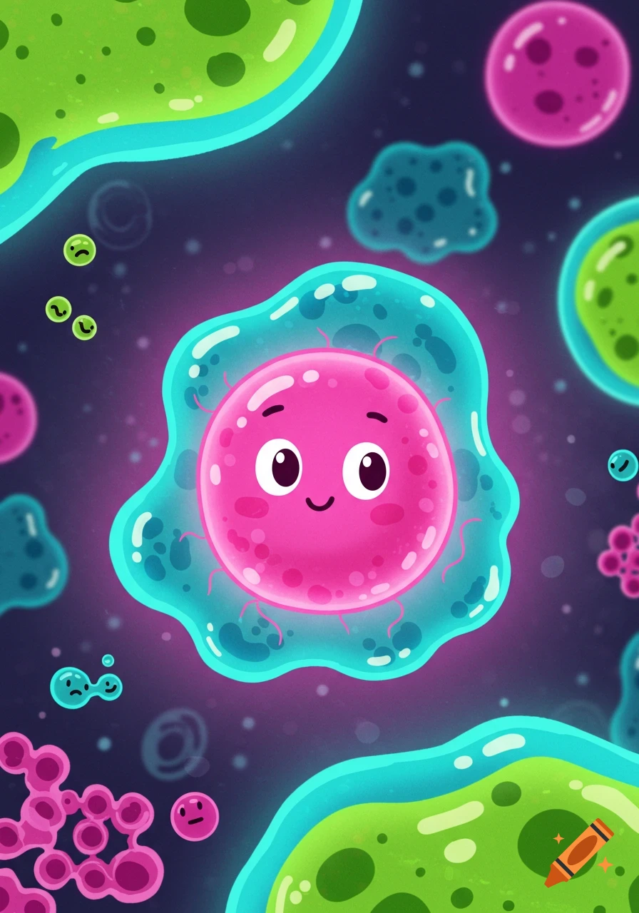 Vibrant cartoon illustration of a smiling pink cell with a glowing ...