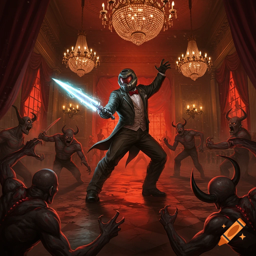 Doomguy in a tuxedo, wielding a glowing sword, battles demons in a ...