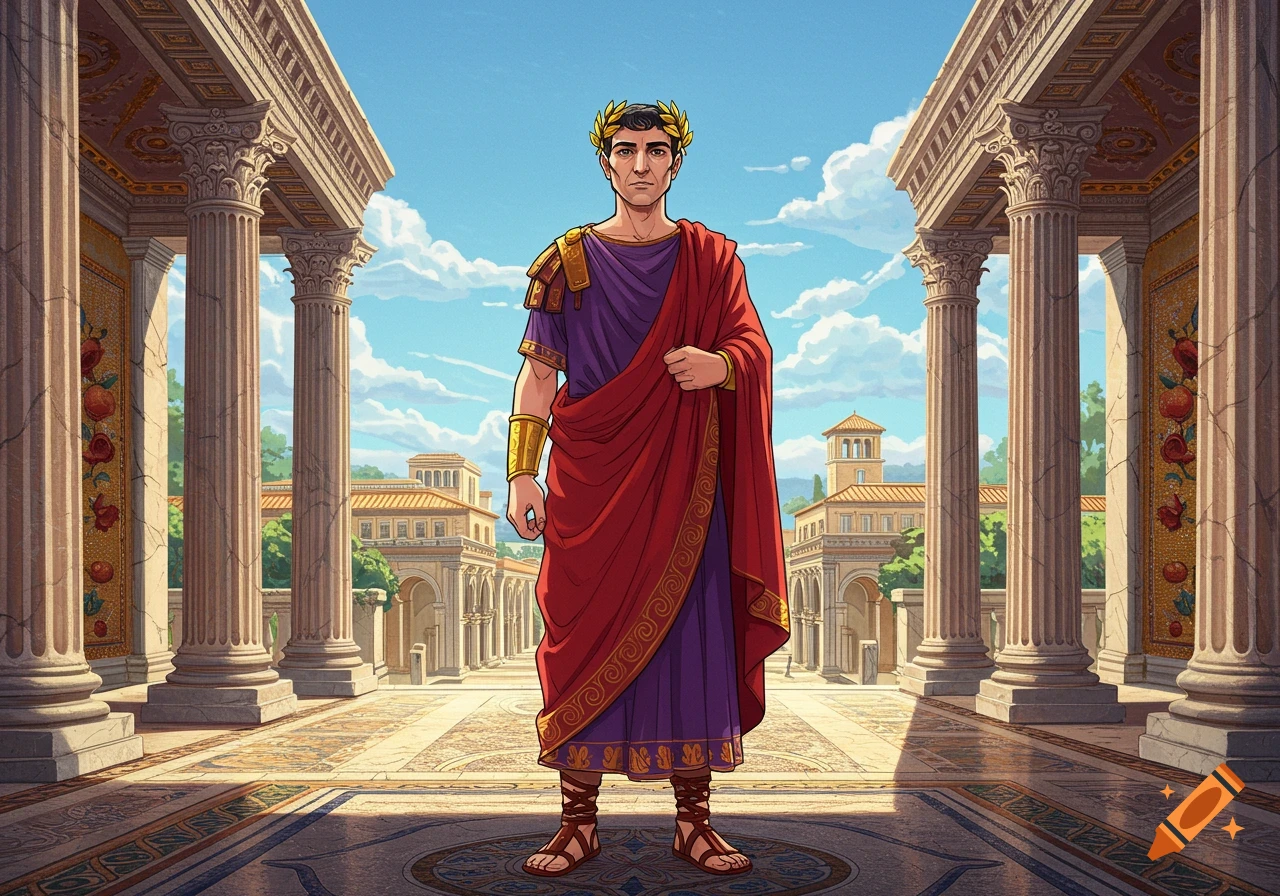 A cartoon Roman leader in a purple tunic and red toga, wearing a gold ...