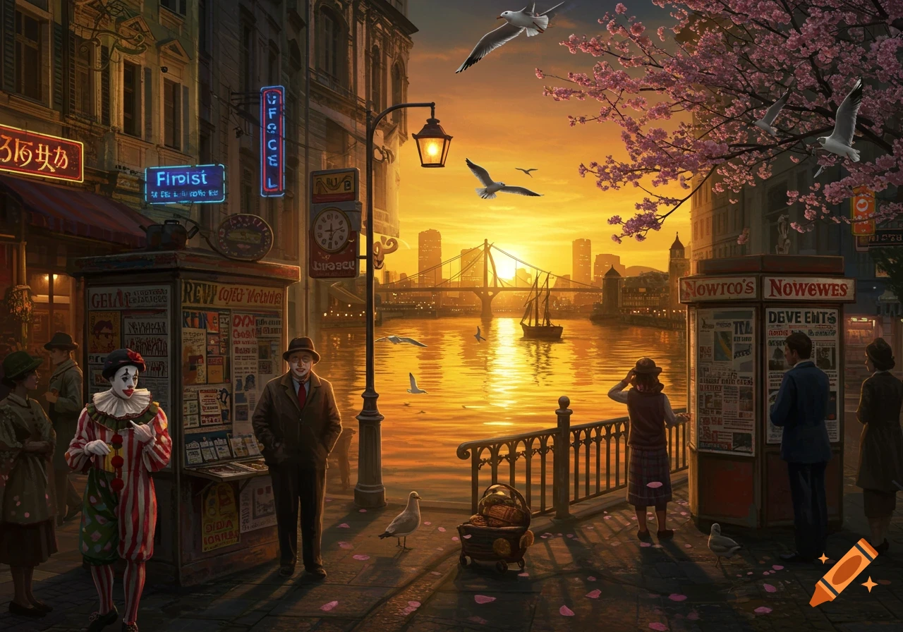 A detailed, vibrant painting of an old-fashioned city street at sunset. People, a clown, and ...
