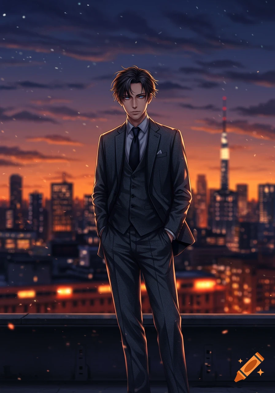 A stylish anime man in a dark suit stands on a city rooftop at sunset ...