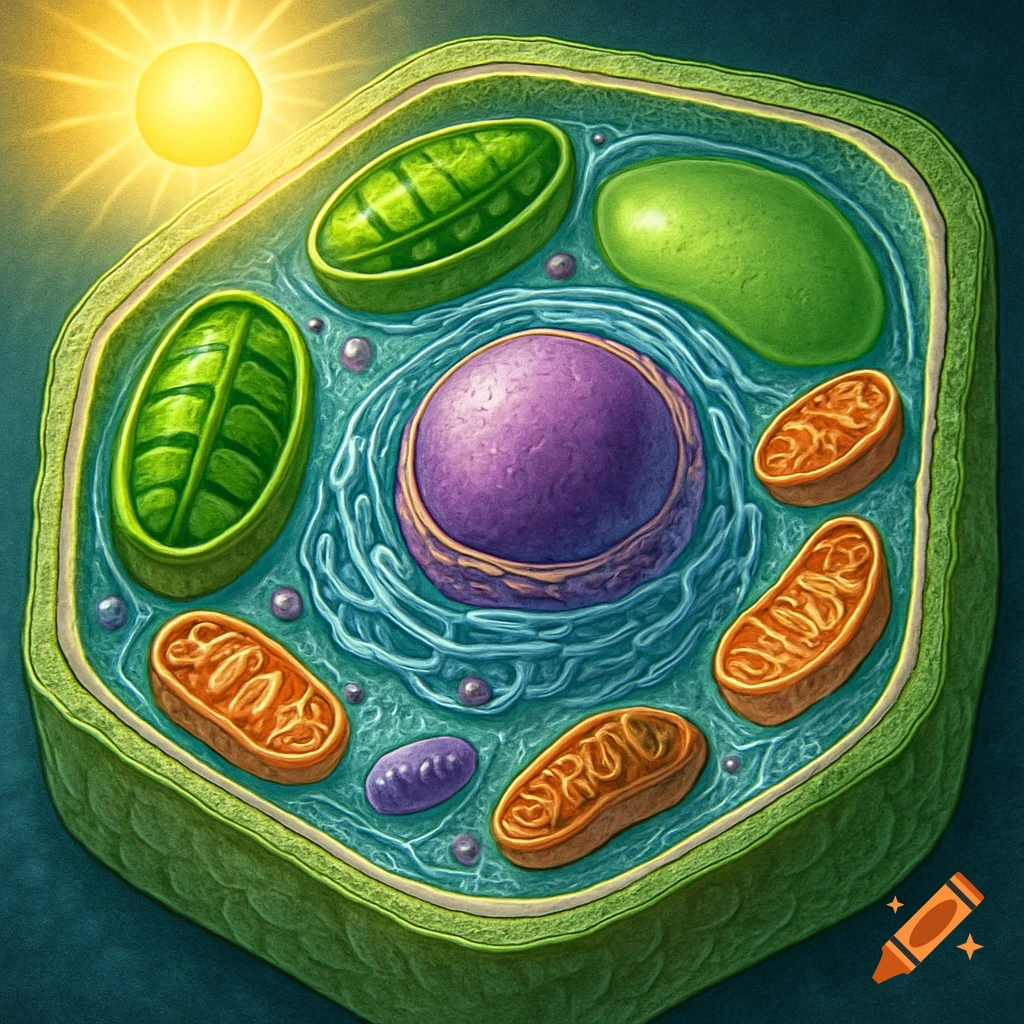 Vibrant illustration of a plant cell showing nucleus, chloroplasts, mitochondria, and cell wall ...