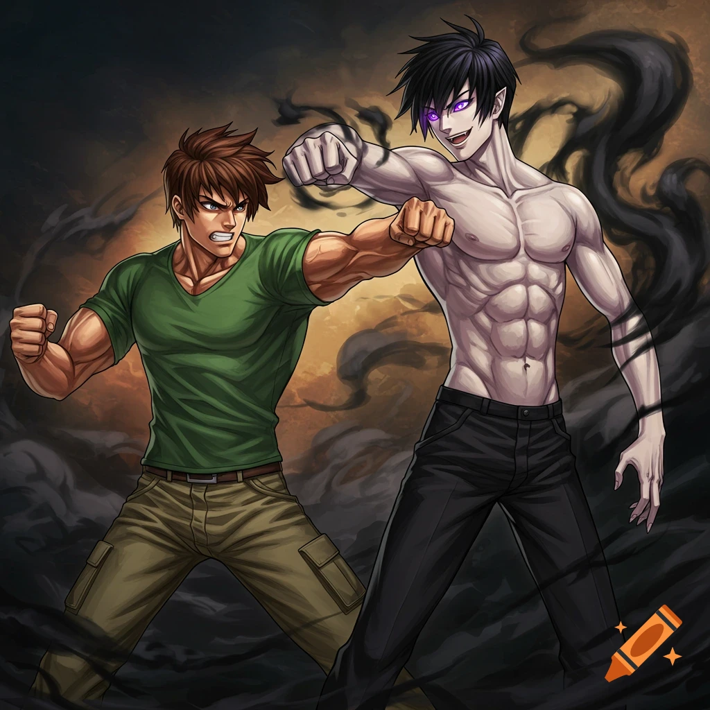 Two muscular, chubby anime men, one with a snake tattoo, face each ...