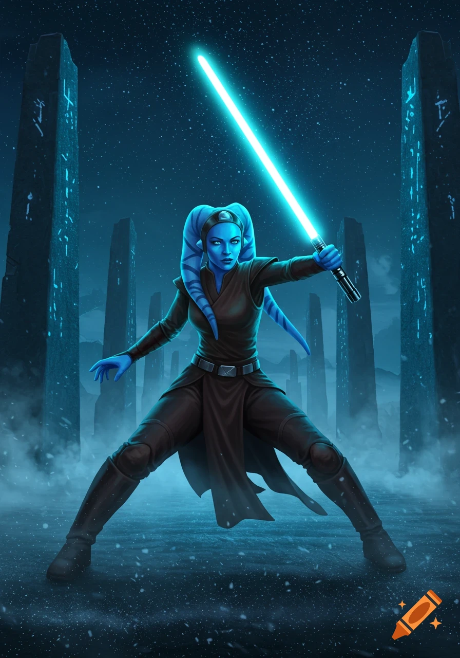 A blue-skinned Twi'lek Jedi in dark robes holds a glowing blue ...