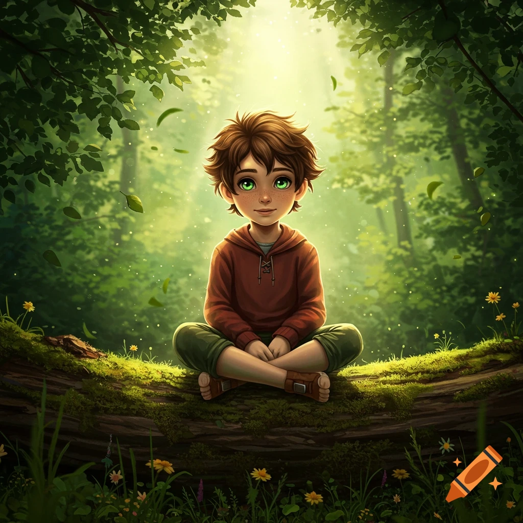 A whimsical illustration of a brown-haired boy with green eyes sitting ...