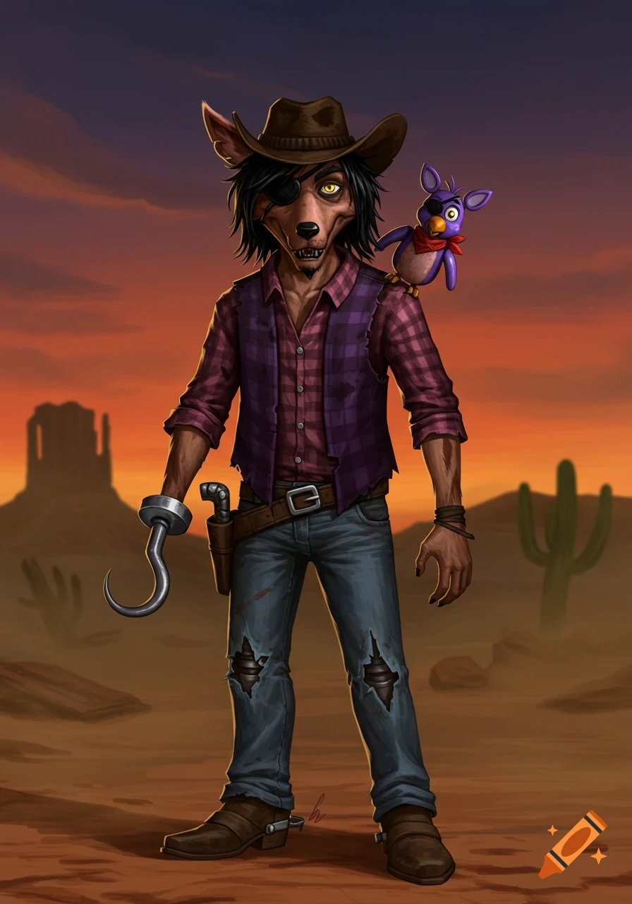 An anthropomorphic fox animatronic cowboy with a hook hand and an ...
