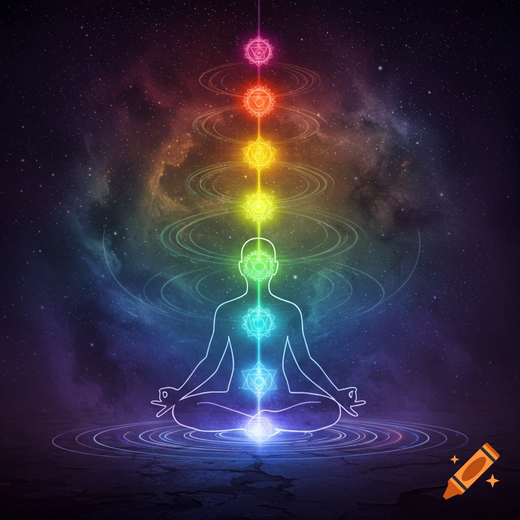 An ethereal glowing human figure with seven colorful chakras aligned ...