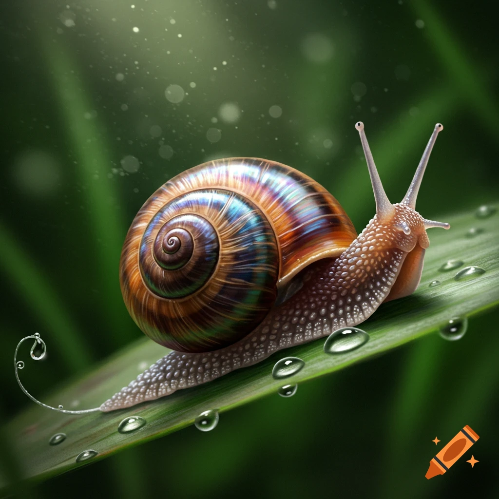 A photorealistic biomechanical snail with a metallic shell covered in ...