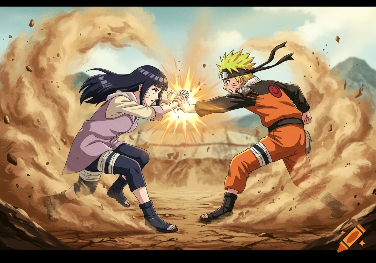 Anime characters Naruto and Hinata clash hands, generating a bright ...