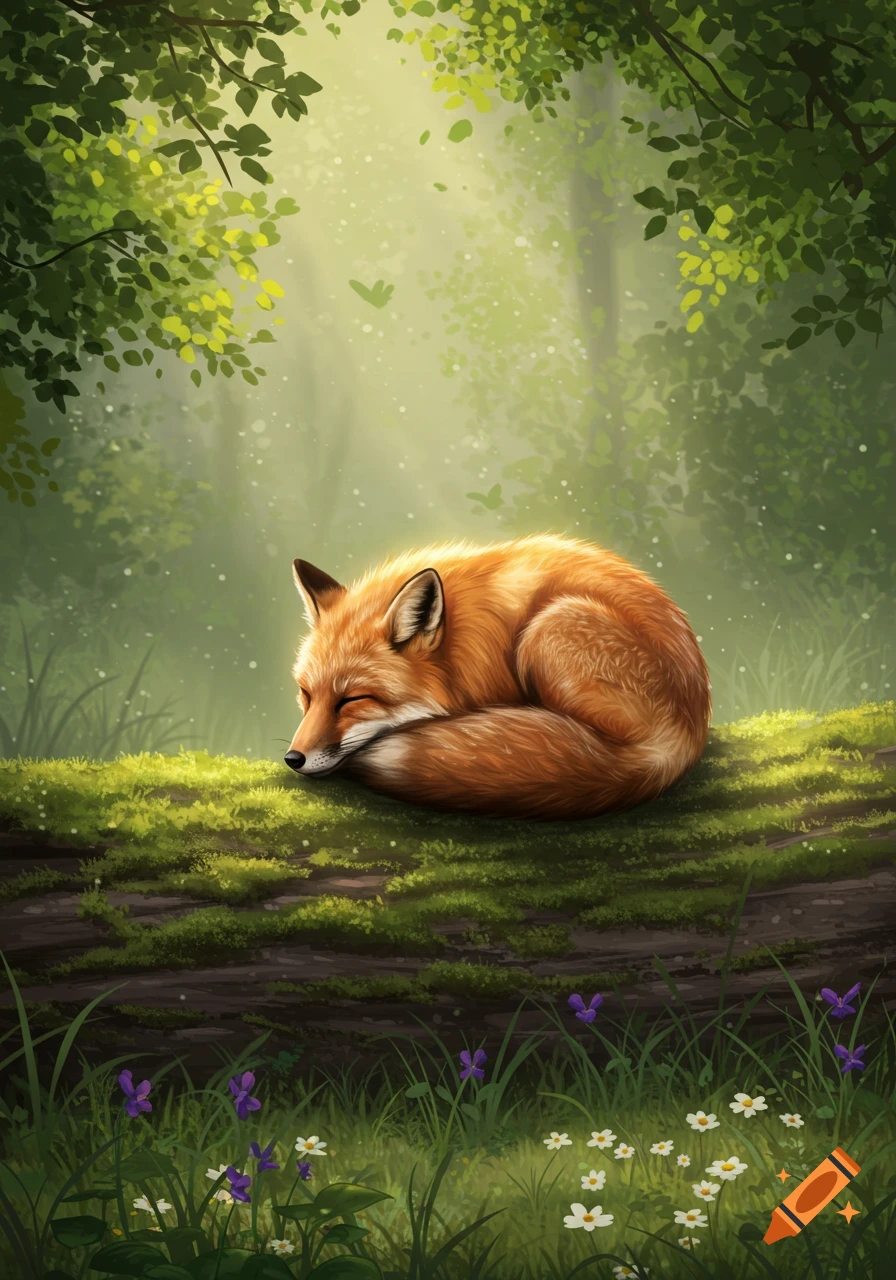 An illustration of a fluffy red fox curled up asleep on autumn leaves ...