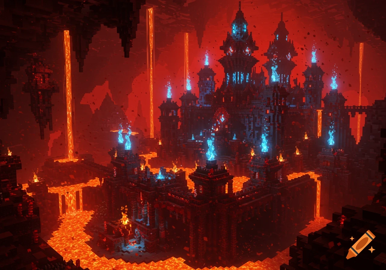 A blocky, dark fantasy castle with blue flames in a lava-filled cave, styled like Minecraft's ...
