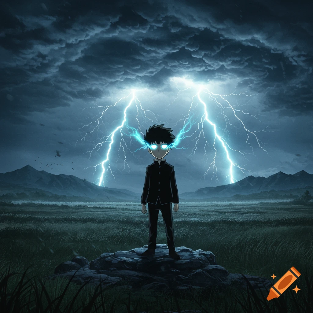 Anime character Mob standing on a rock in a stormy landscape with ...