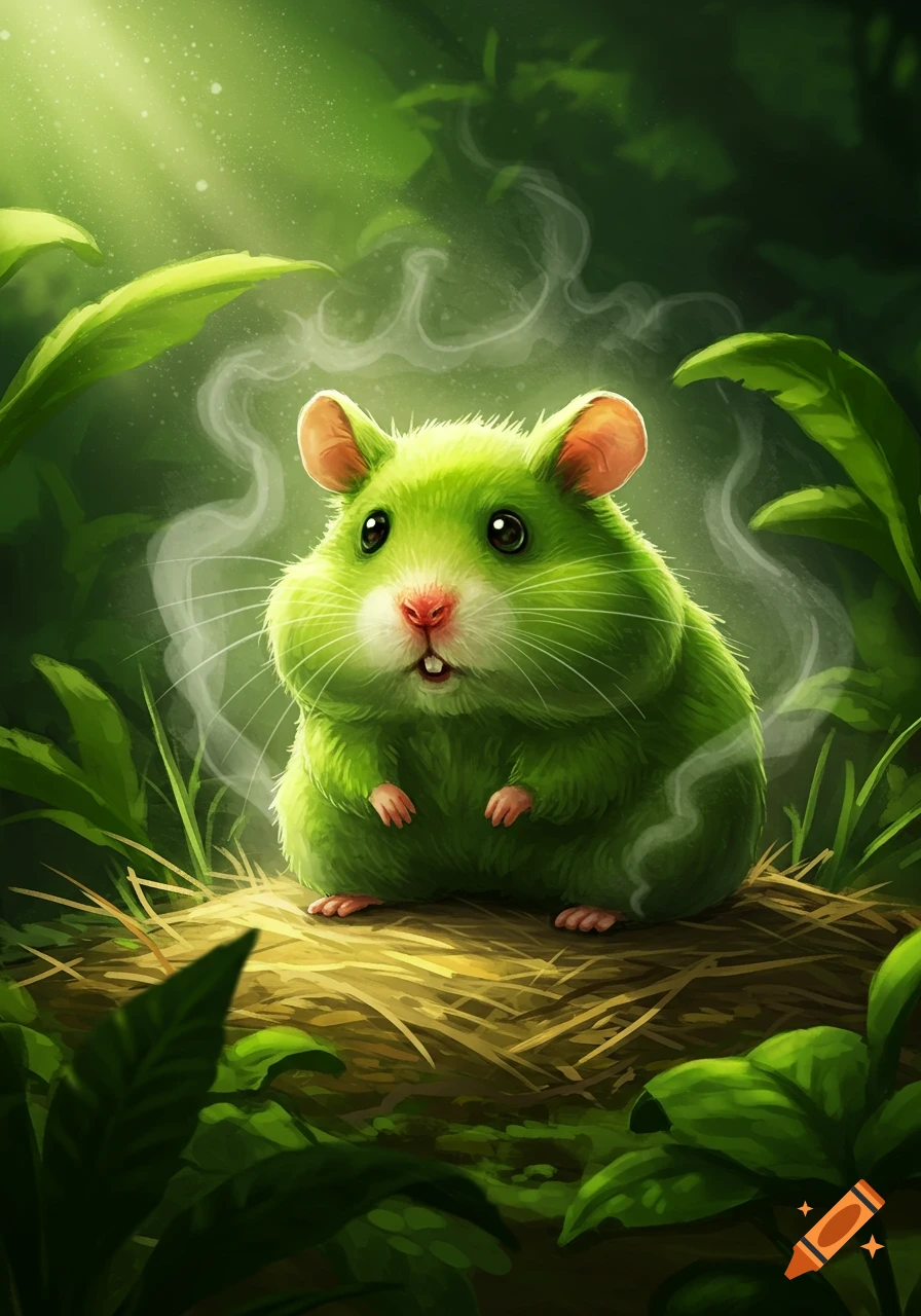 A cute, fluffy green hamster with wide eyes sits on straw in a lush ...