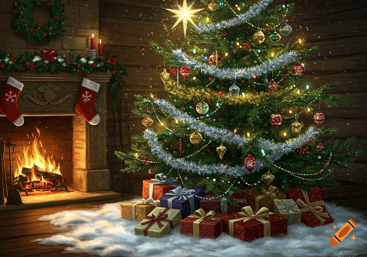 A festive Christmas scene featuring a decorated Christmas tree, a ...