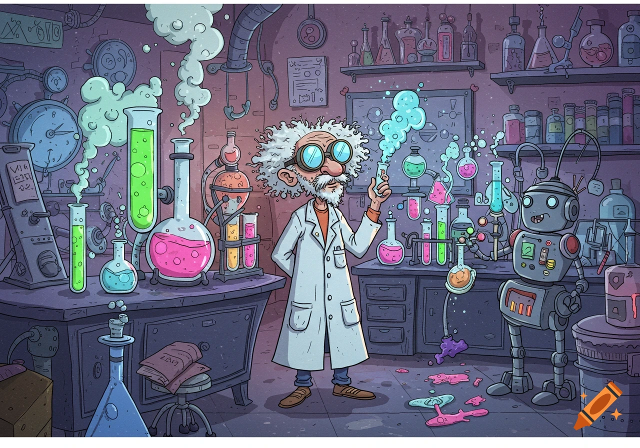 A detailed illustration of a male teacher in a chemistry lab, gesturing ...