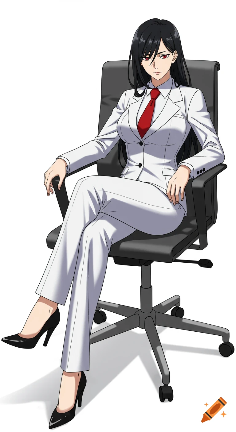 Anime-style businesswoman with long black hair and red eyes, wearing a ...