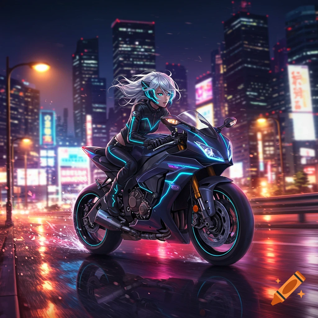 Anime girl with blue pigtails riding a dark blue motorcycle through a ...