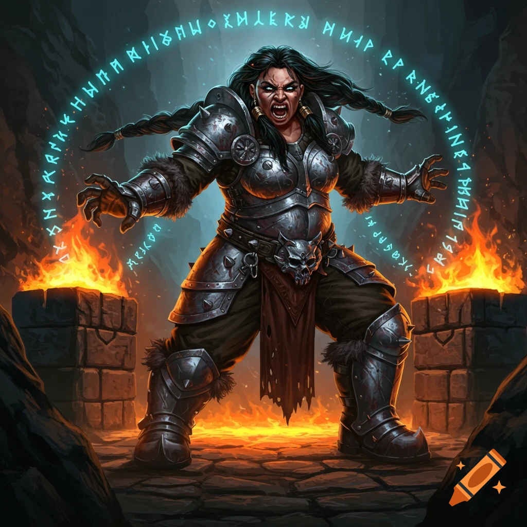 A fierce dwarven warrior with long braids, clad in detailed silver ...