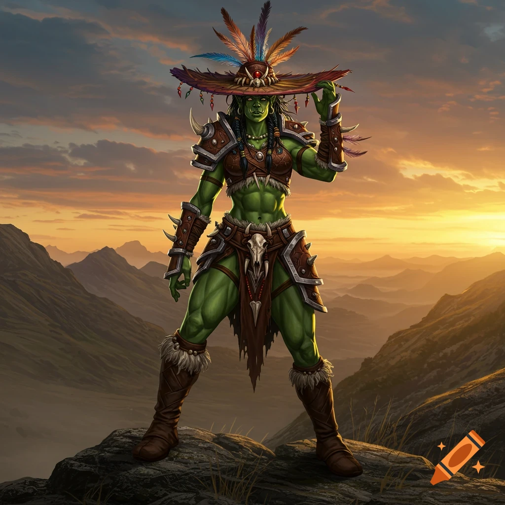 A muscular green-skinned female orc barbarian wearing tribal armor and ...