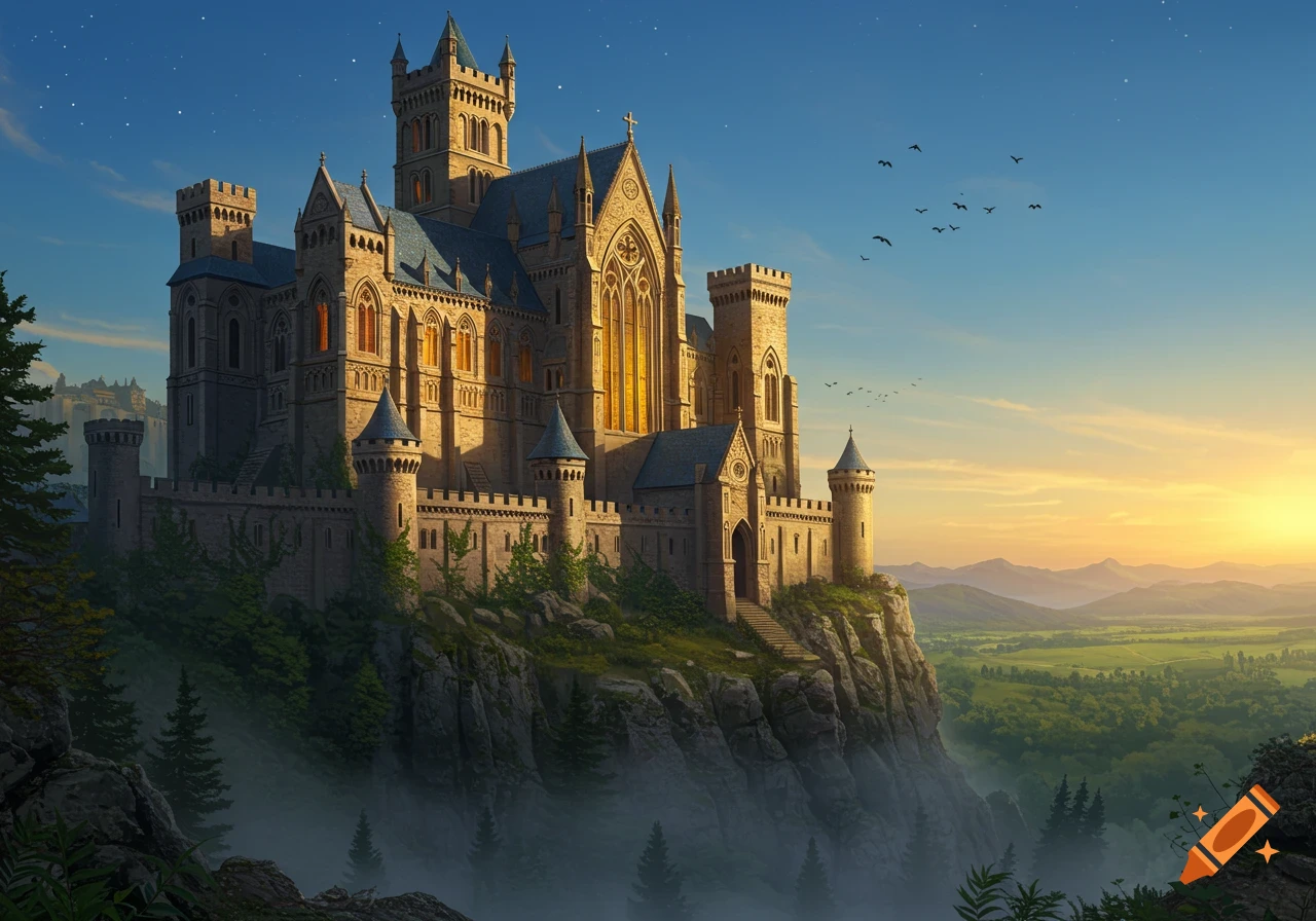 A grand medieval-style castle sits atop a lush green hill with a ...