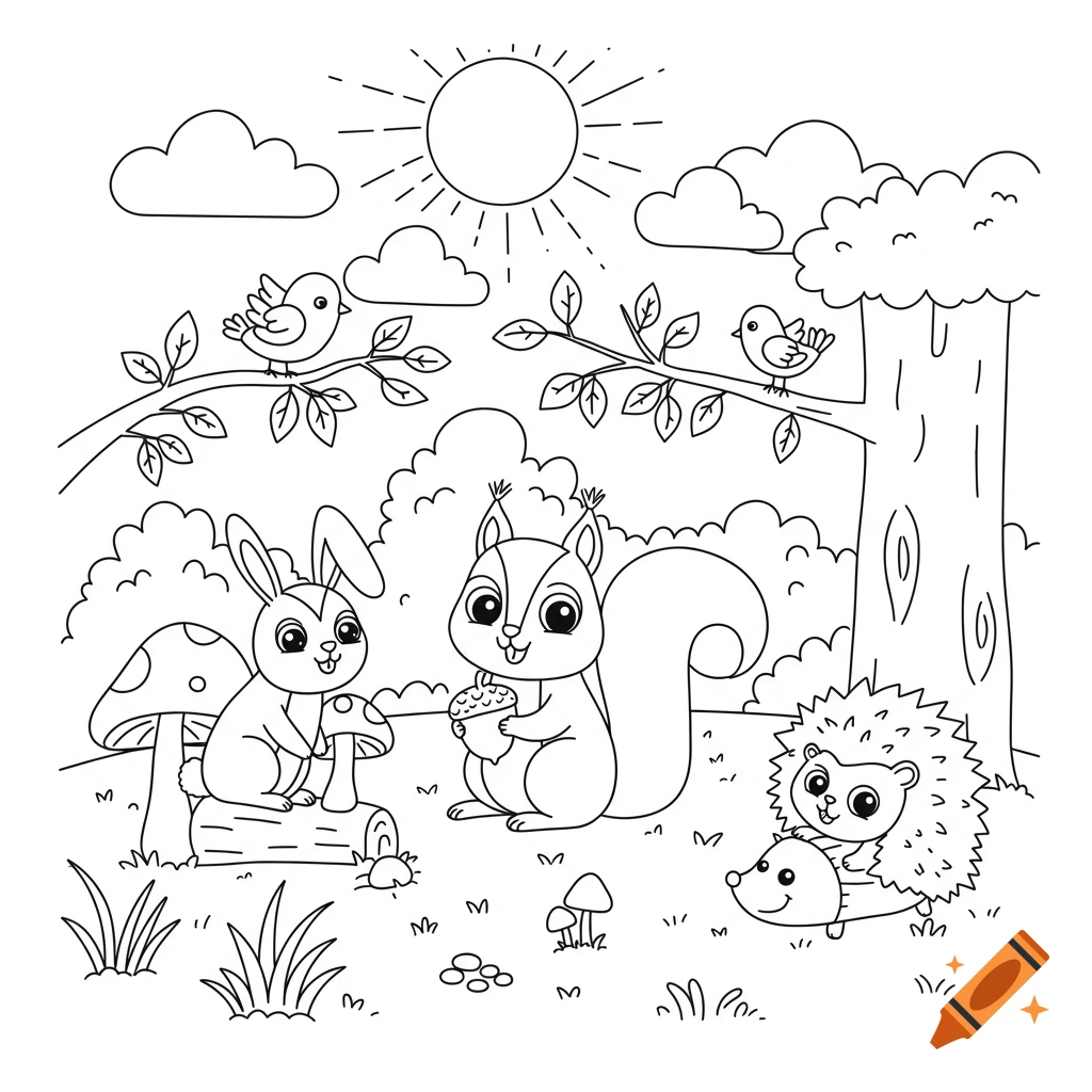 Black and white coloring page of a winter garden scene featuring a deer ...