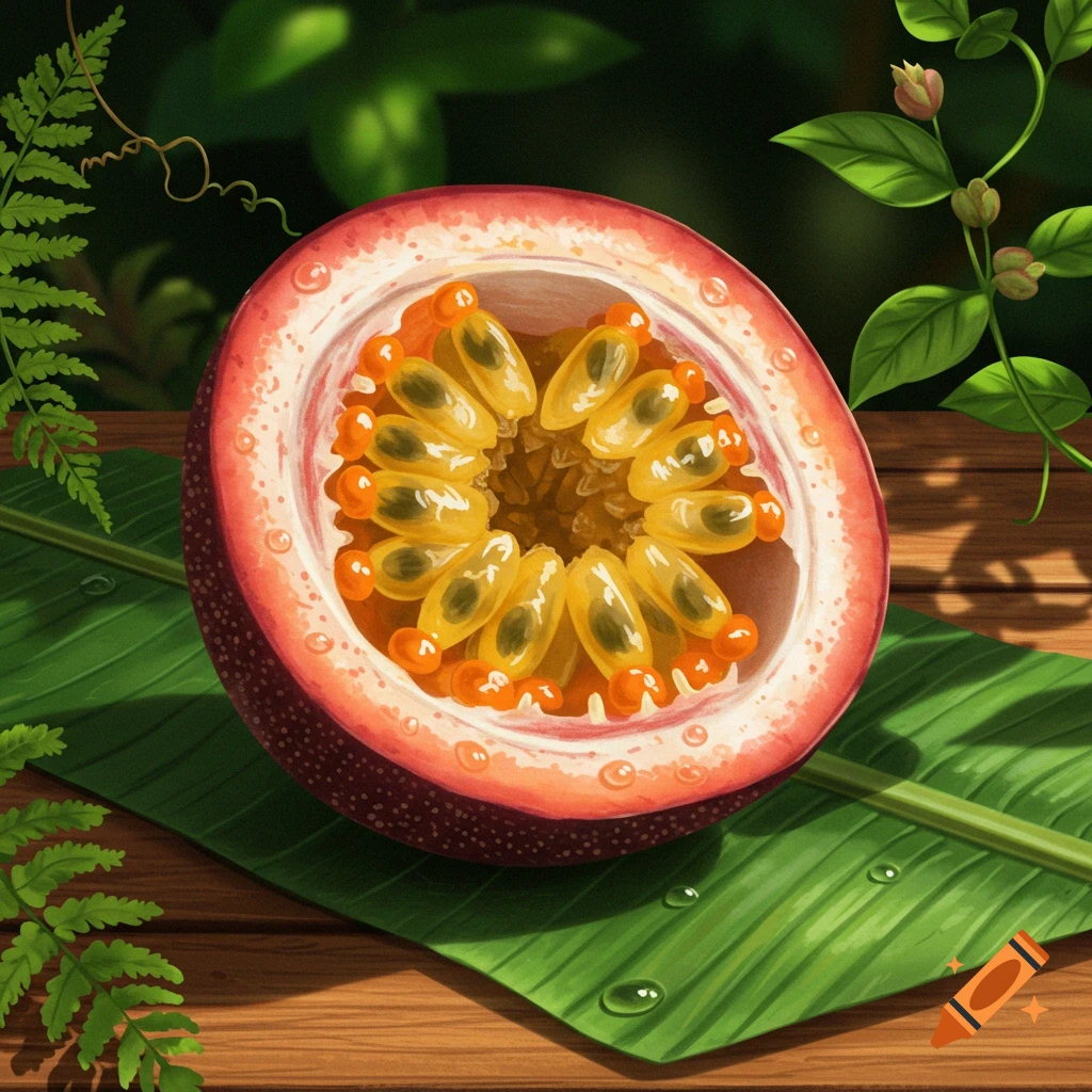 A half-cut pomegranate with glowing seeds and misty trails rests on a ...