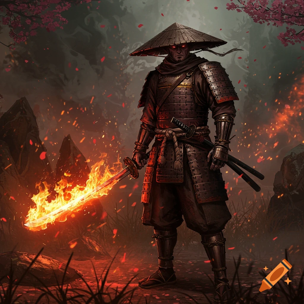 A flaming skull warrior in samurai armor rides a blazing skeleton horse ...