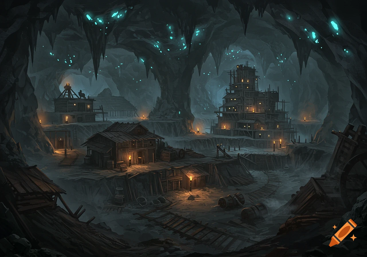 A sprawling, dark underground fantasy city with wooden structures ...