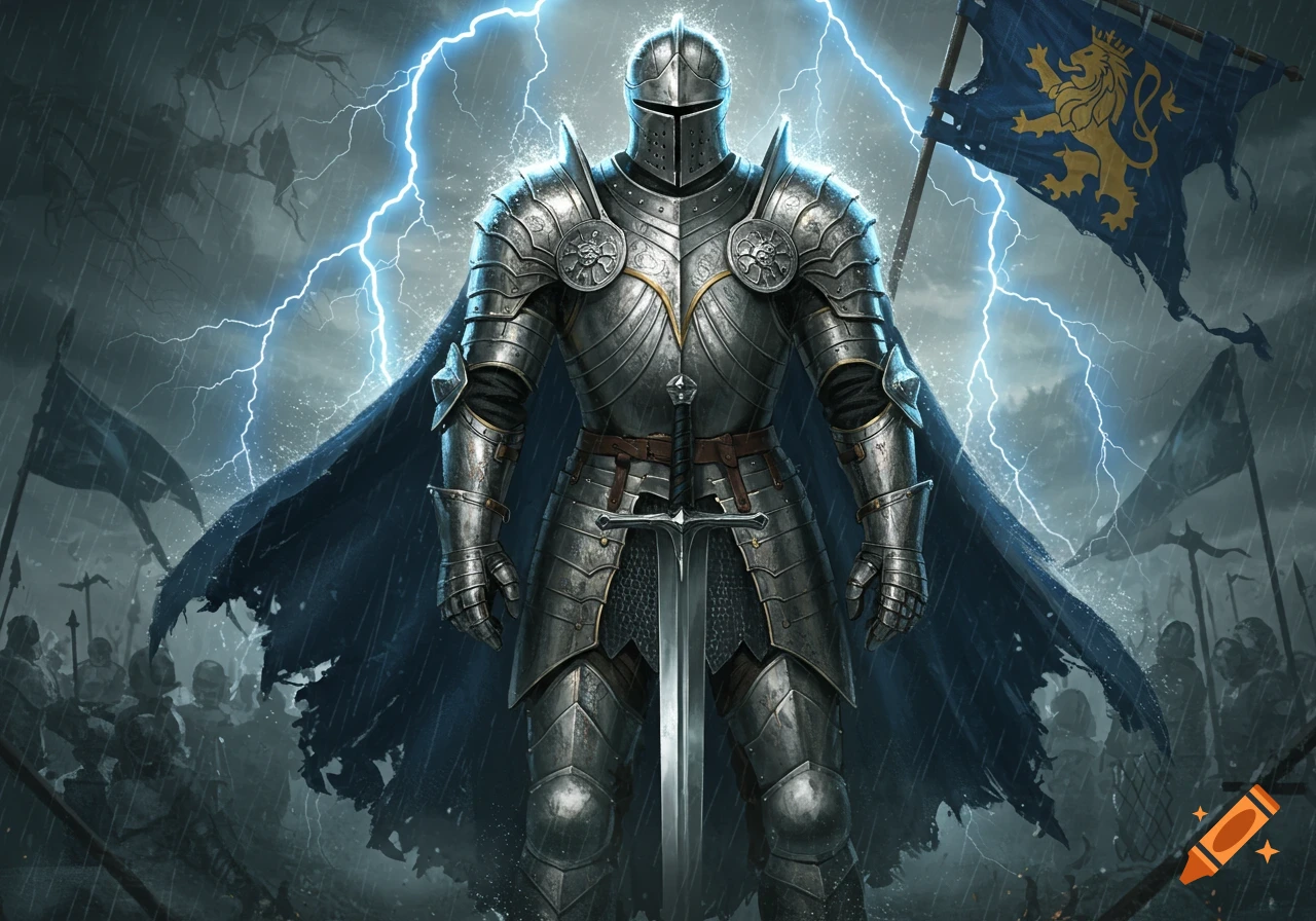 A fierce medieval warrior in ornate black armor stands on city walls ...