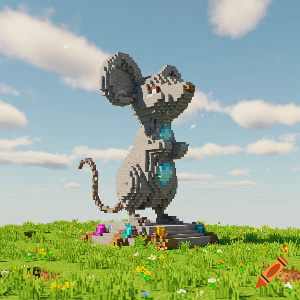 A large pixelated gray mouse statue stands in a vibrant green Minecraft ...