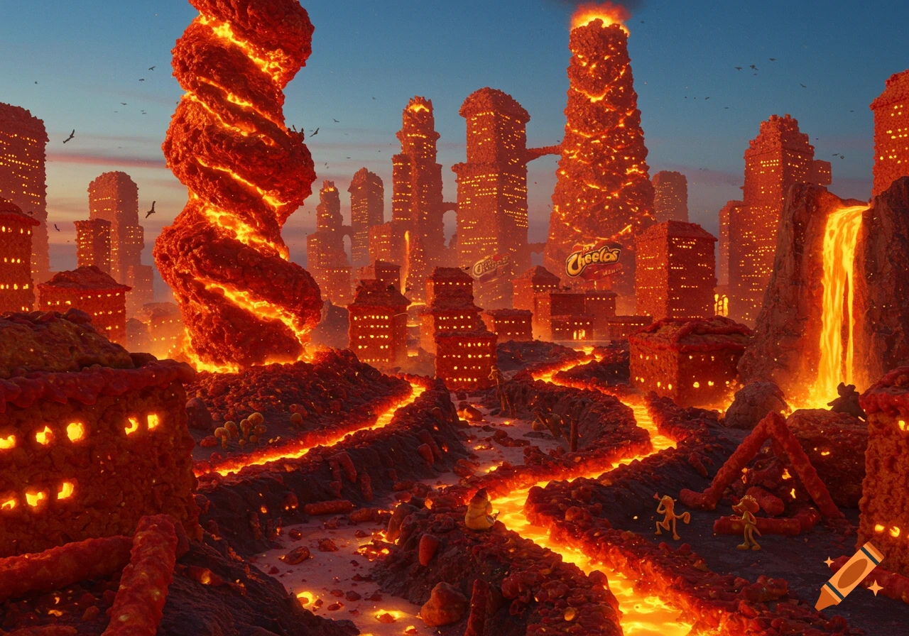 A vibrant fantasy city constructed entirely from Flamin' Hot Cheetos ...