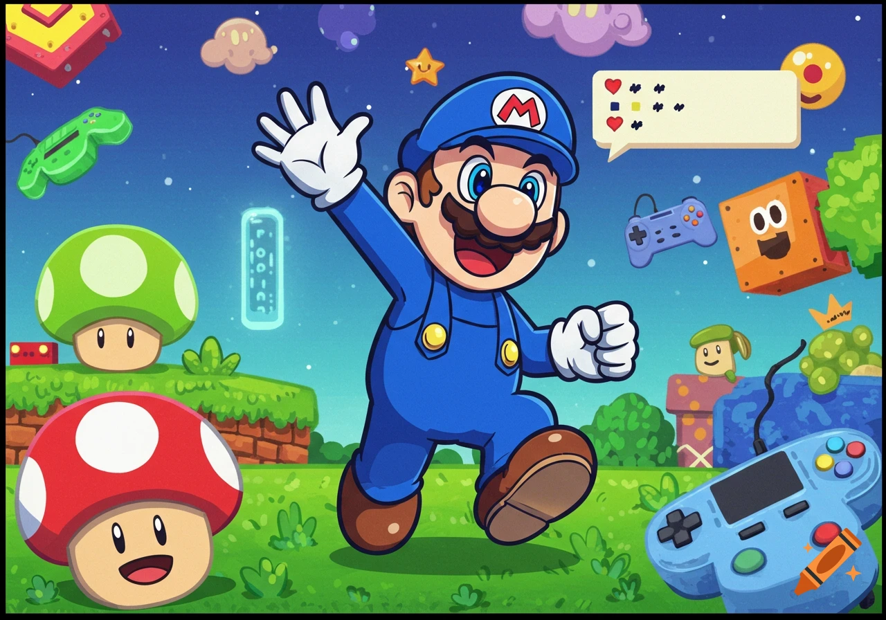 A busy, cartoon-style collage of Super Mario characters and elements ...