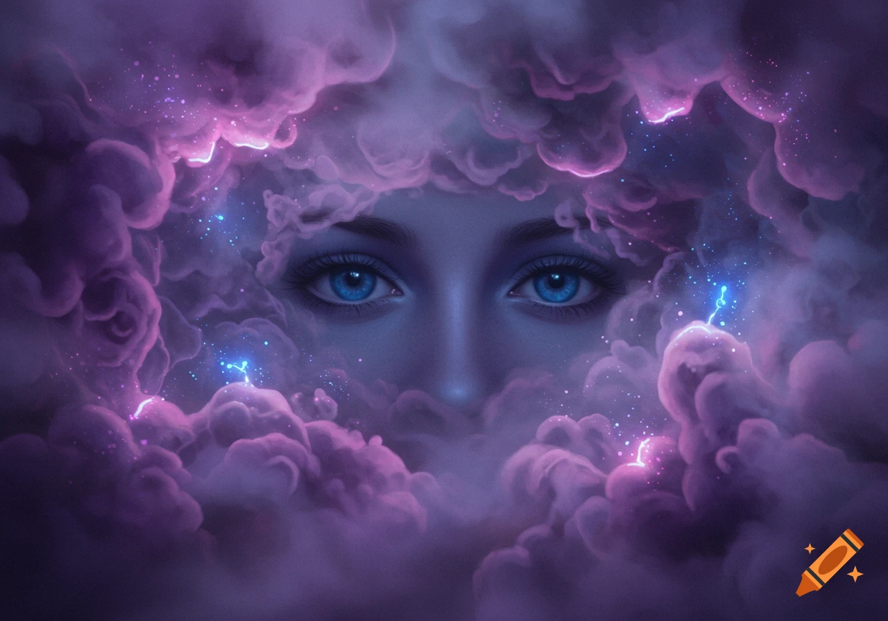 Close-up of blue eyes within luminous purple gas and fog, adorned with ...