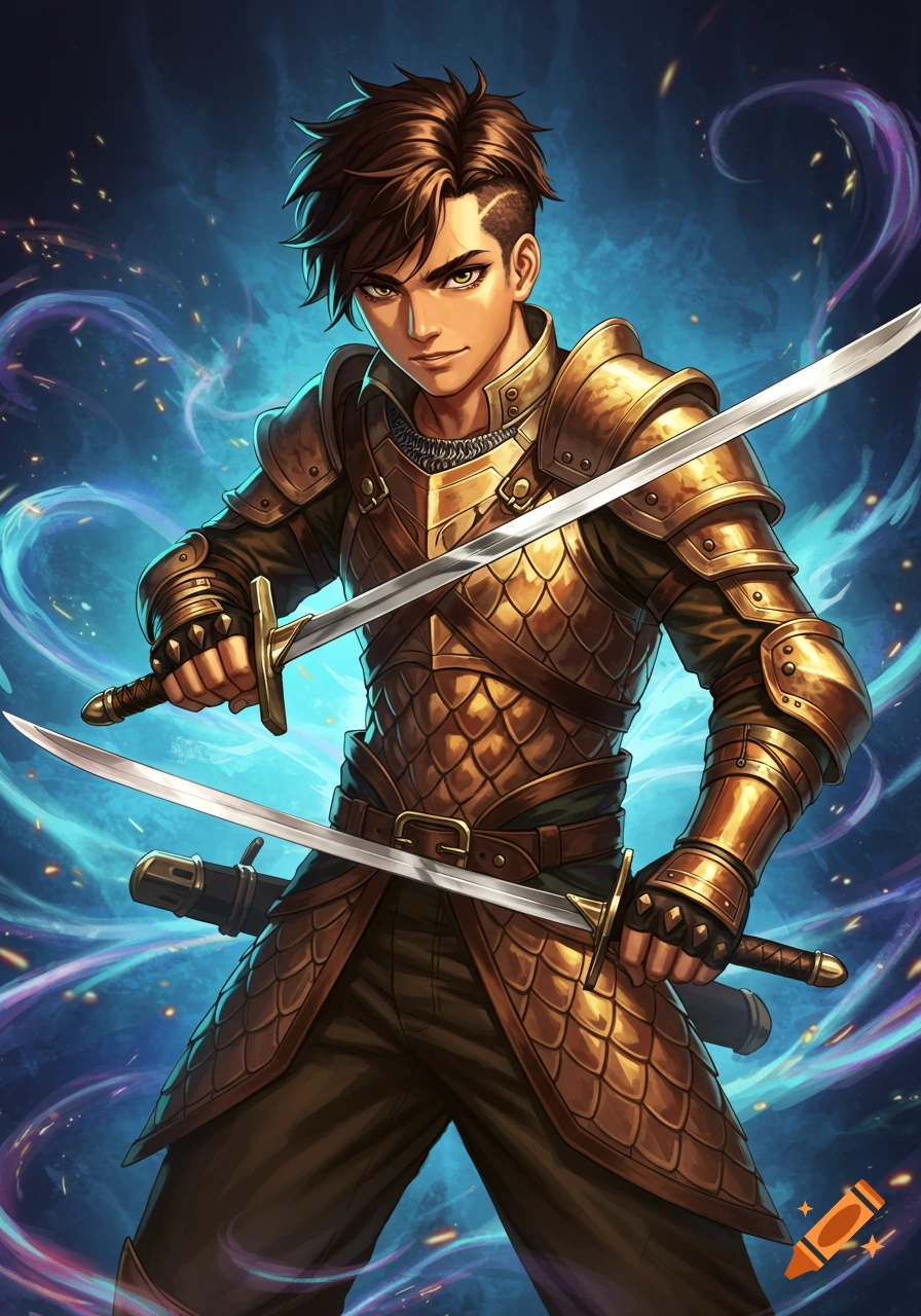 Anime-style young male warrior in golden scale mail armor, holding two ...