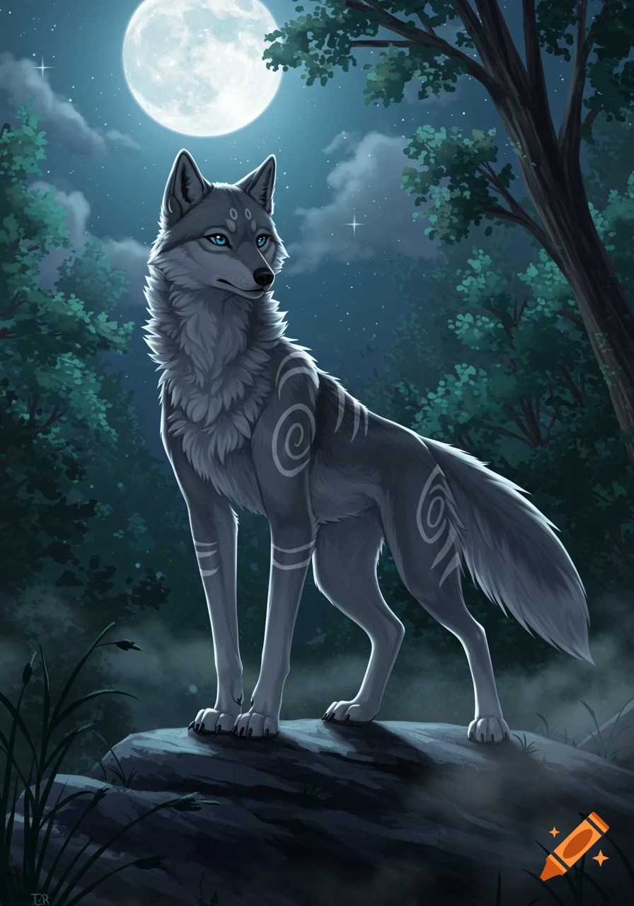 Detailed stylized illustration of a majestic gray wolf with orange eyes ...