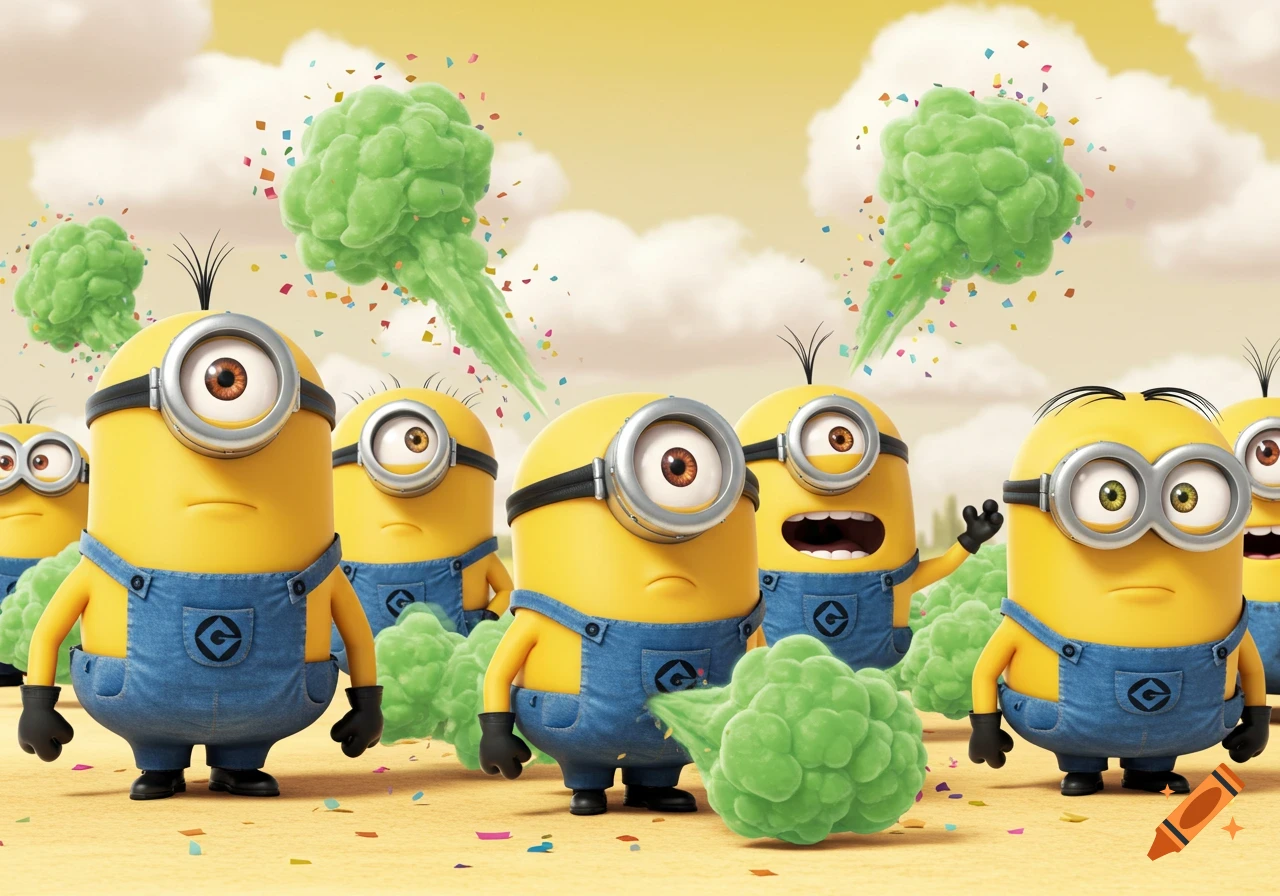 A group of Minions in blue overalls reacting to large green clouds of ...